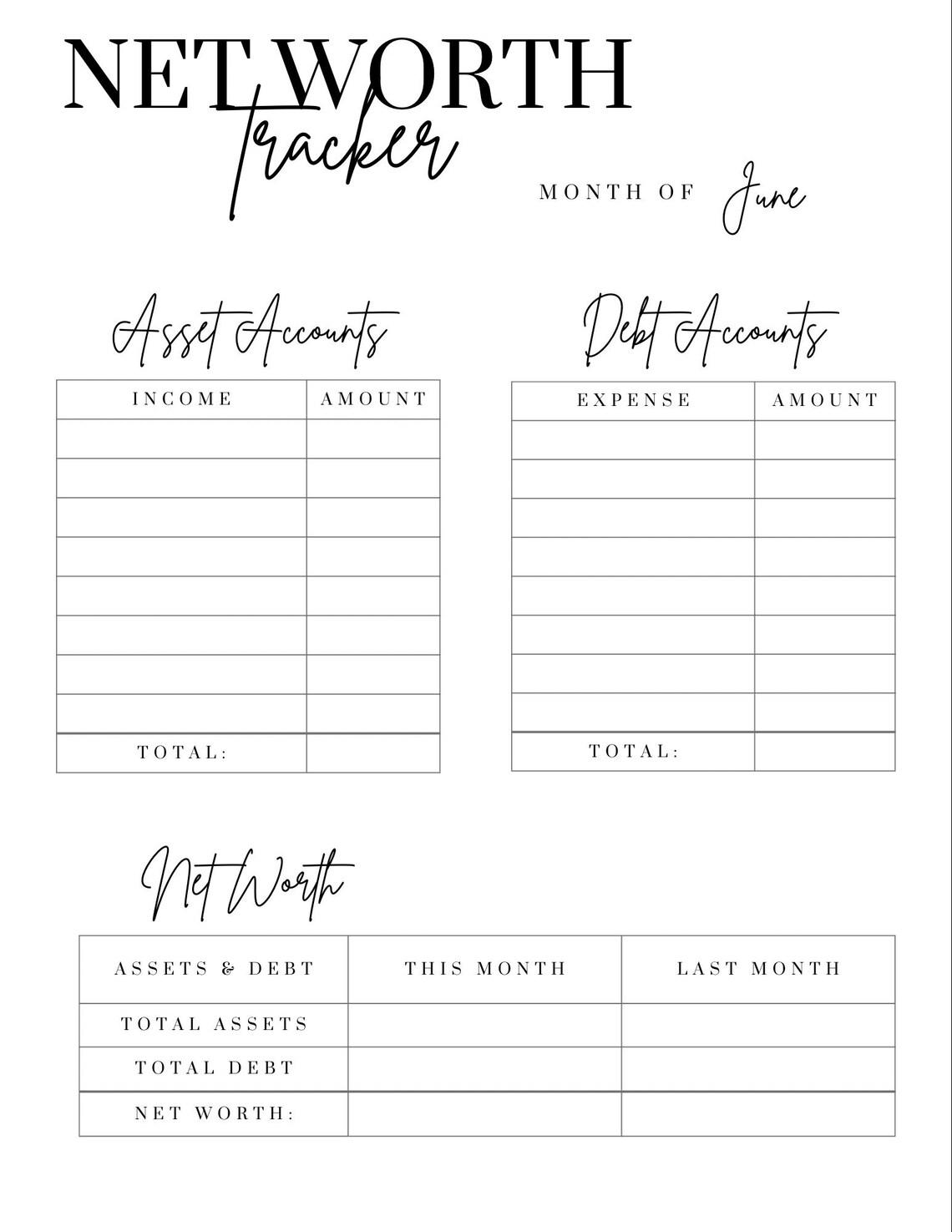Printable Monthly Net Worth Tracker Minimalist Personal Finance ...