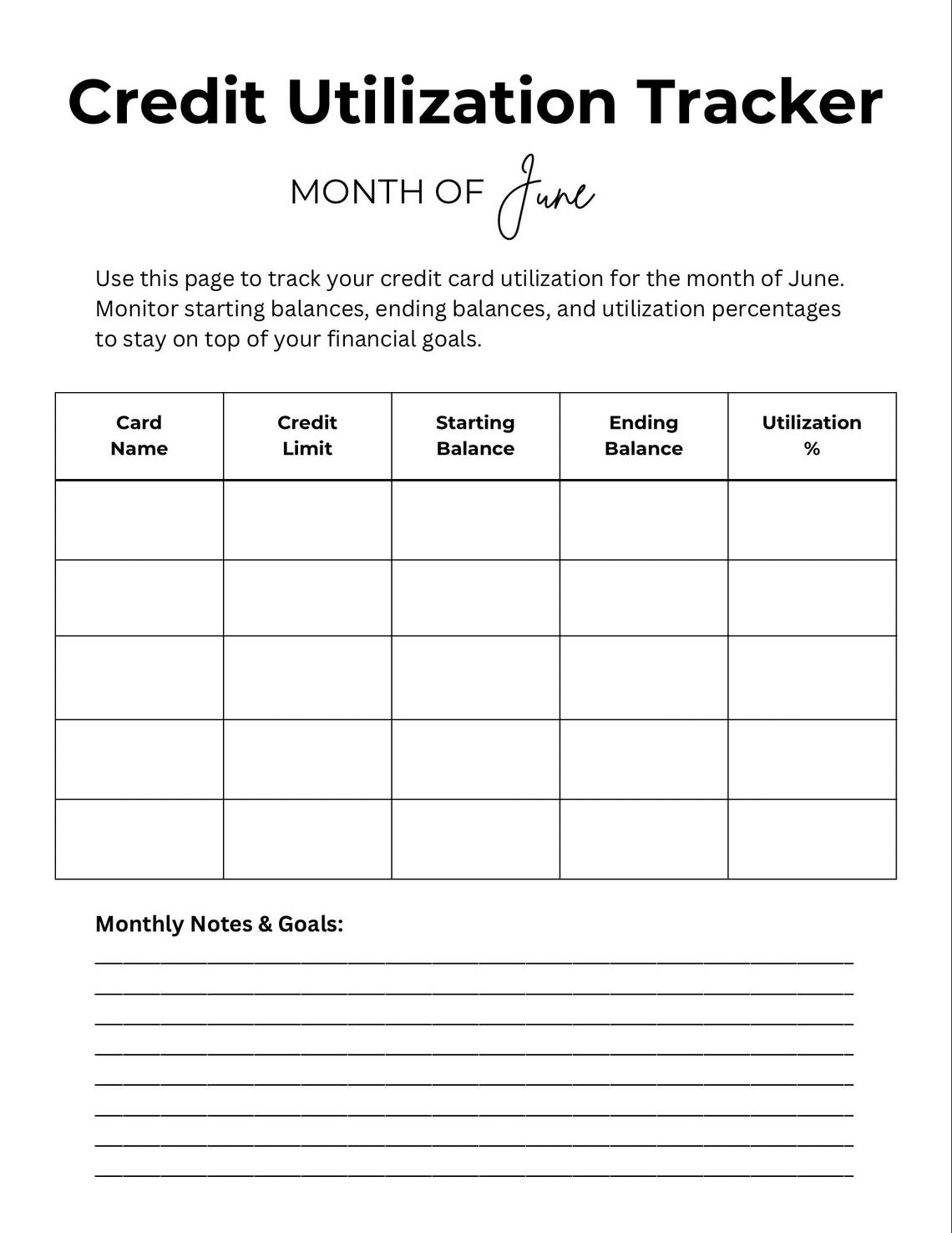 Credit Utilization Tracker Printable Debt Management Tool Budgeting ...