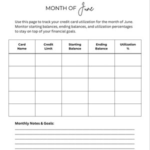 Credit Utilization Tracker Printable Debt Management Tool Budgeting ...