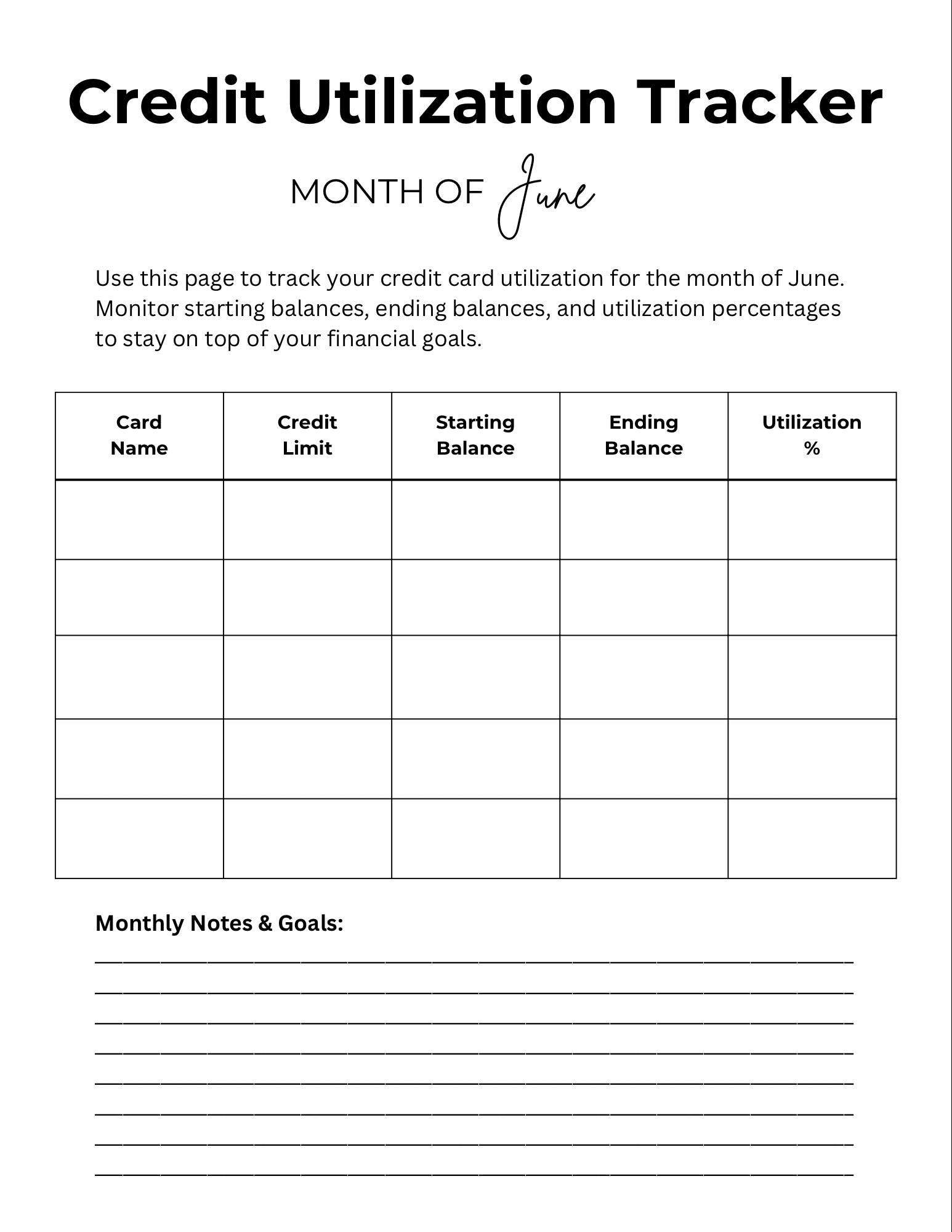 Credit Utilization Tracker Printable Debt Management Tool Budgeting ...