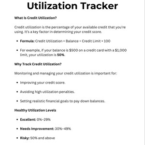 Credit Utilization Tracker Printable Debt Management Tool Budgeting ...