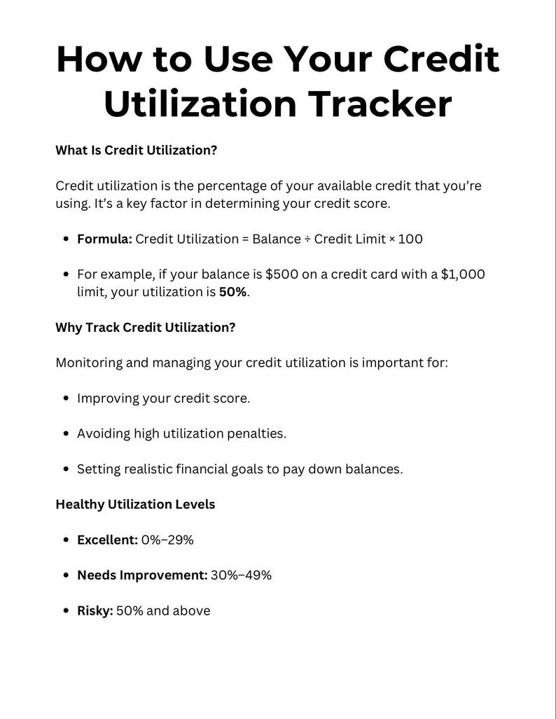 Credit Utilization Tracker Printable Debt Management Tool Budgeting ...