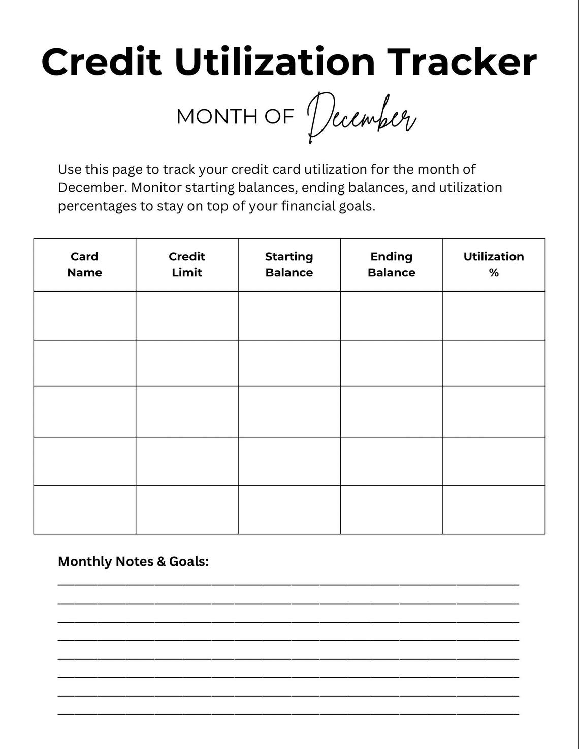 Credit Utilization Tracker Printable Debt Management Tool Budgeting ...