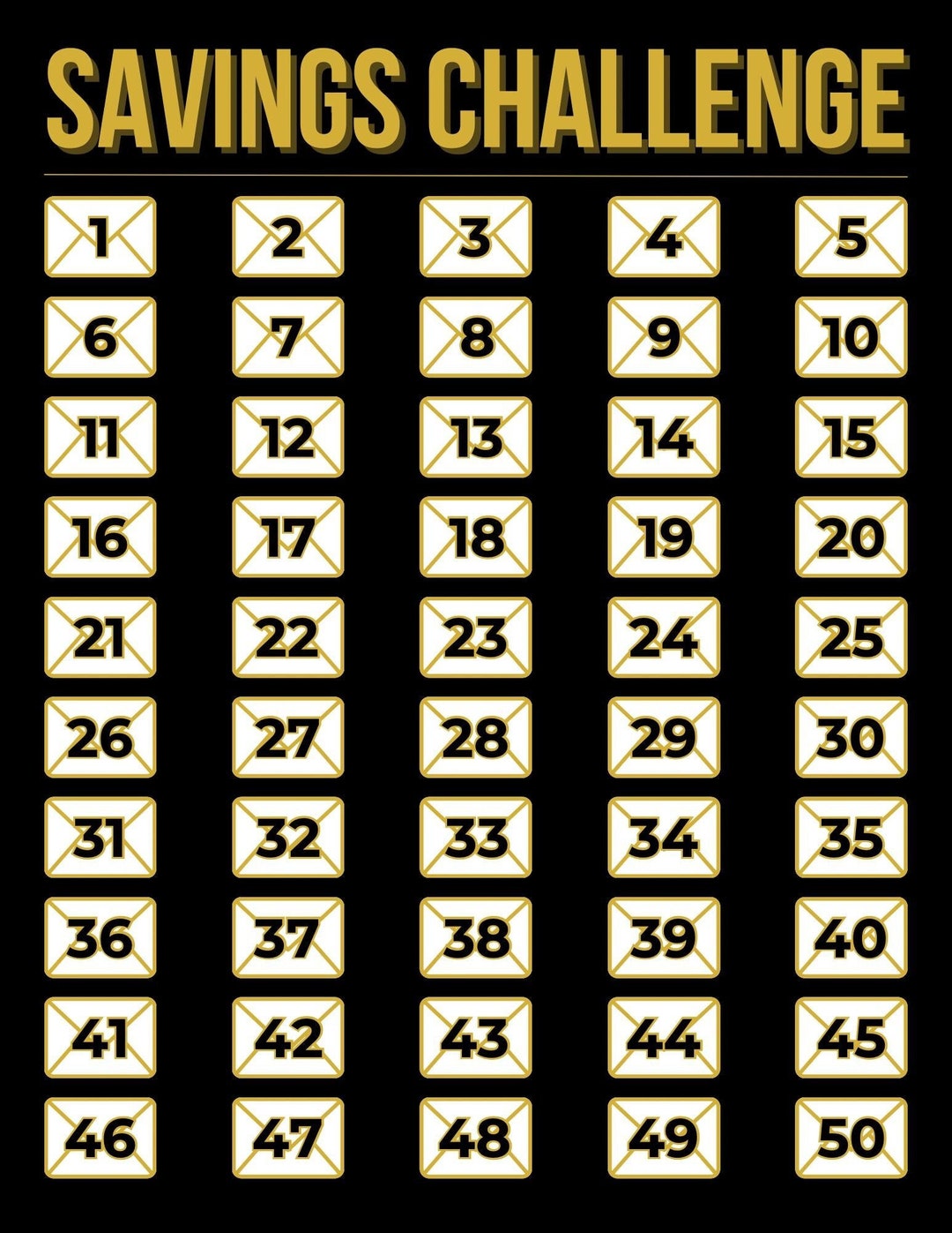 50 Envelope Savings Challenge Printable | Gold on Black | Save 1275 ...