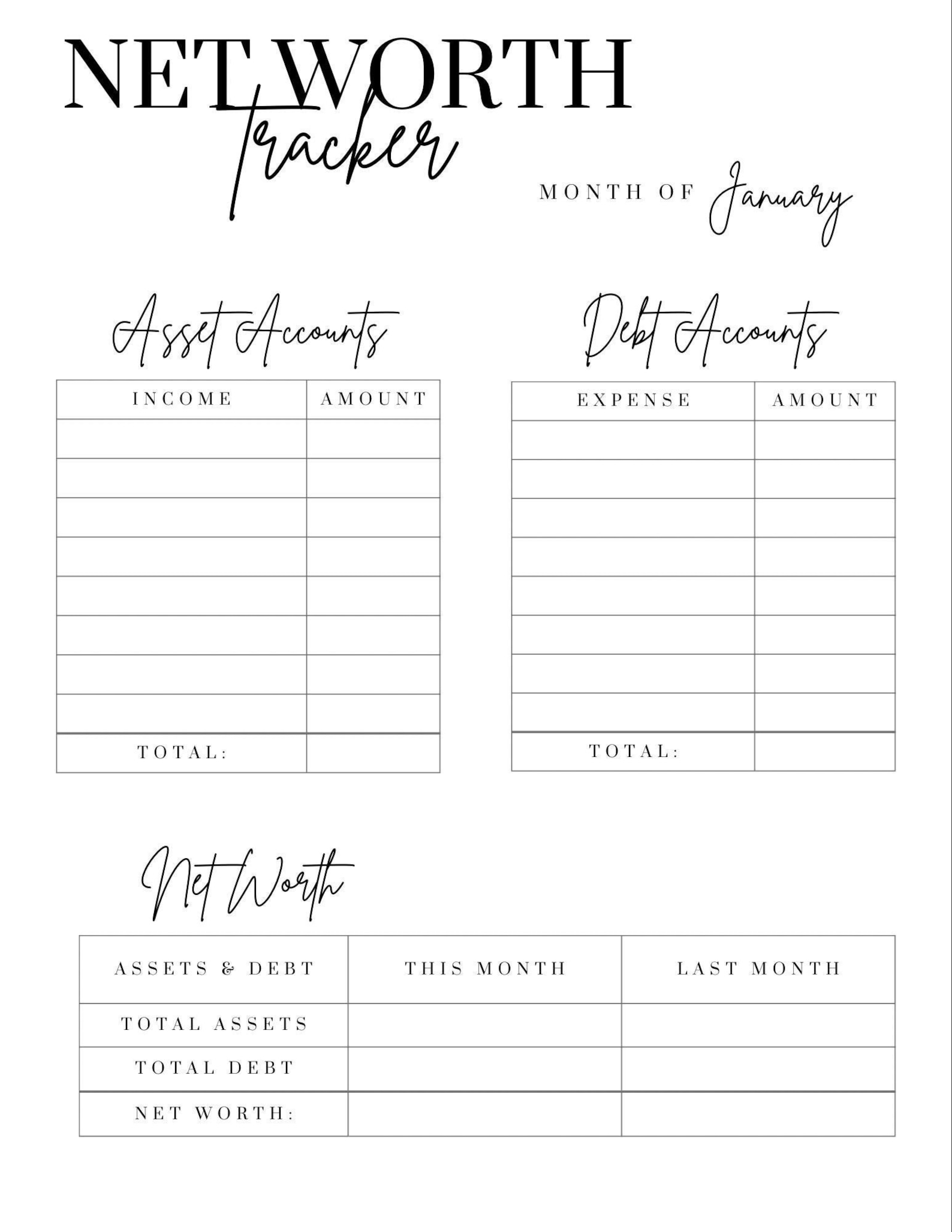 Printable Monthly Net Worth Tracker Minimalist Personal Finance ...