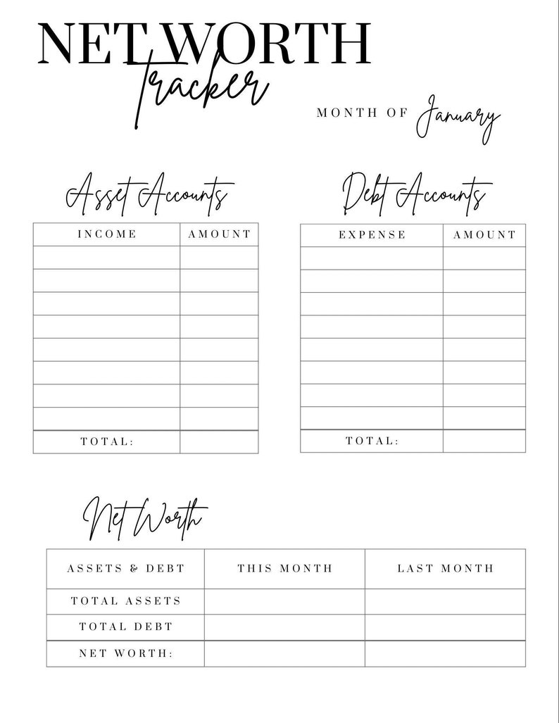 Printable Monthly Net Worth Tracker Minimalist Personal Finance ...