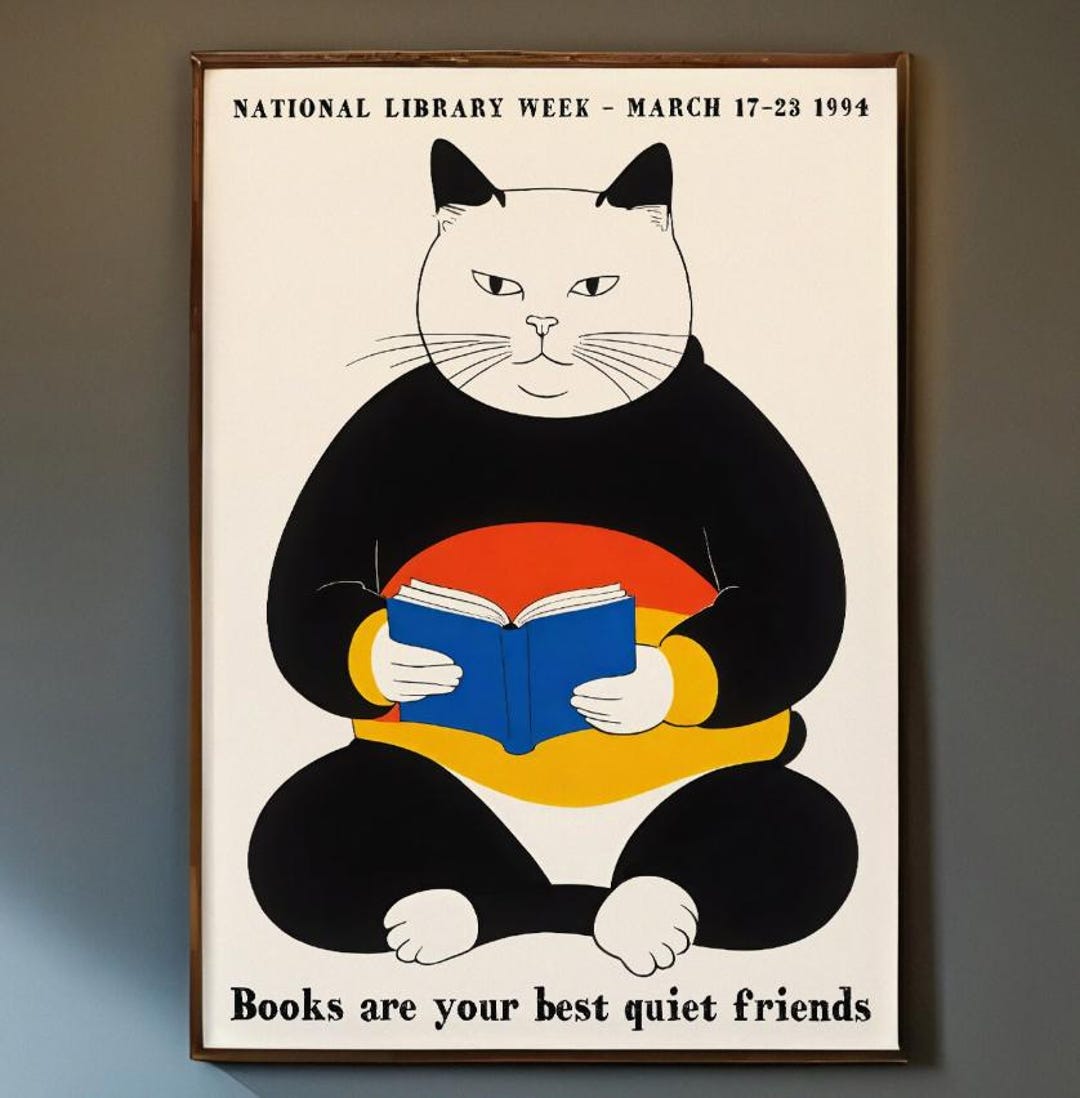 1994 National Library Week Poster, Cat Reading Book Wall Art, Retro ...