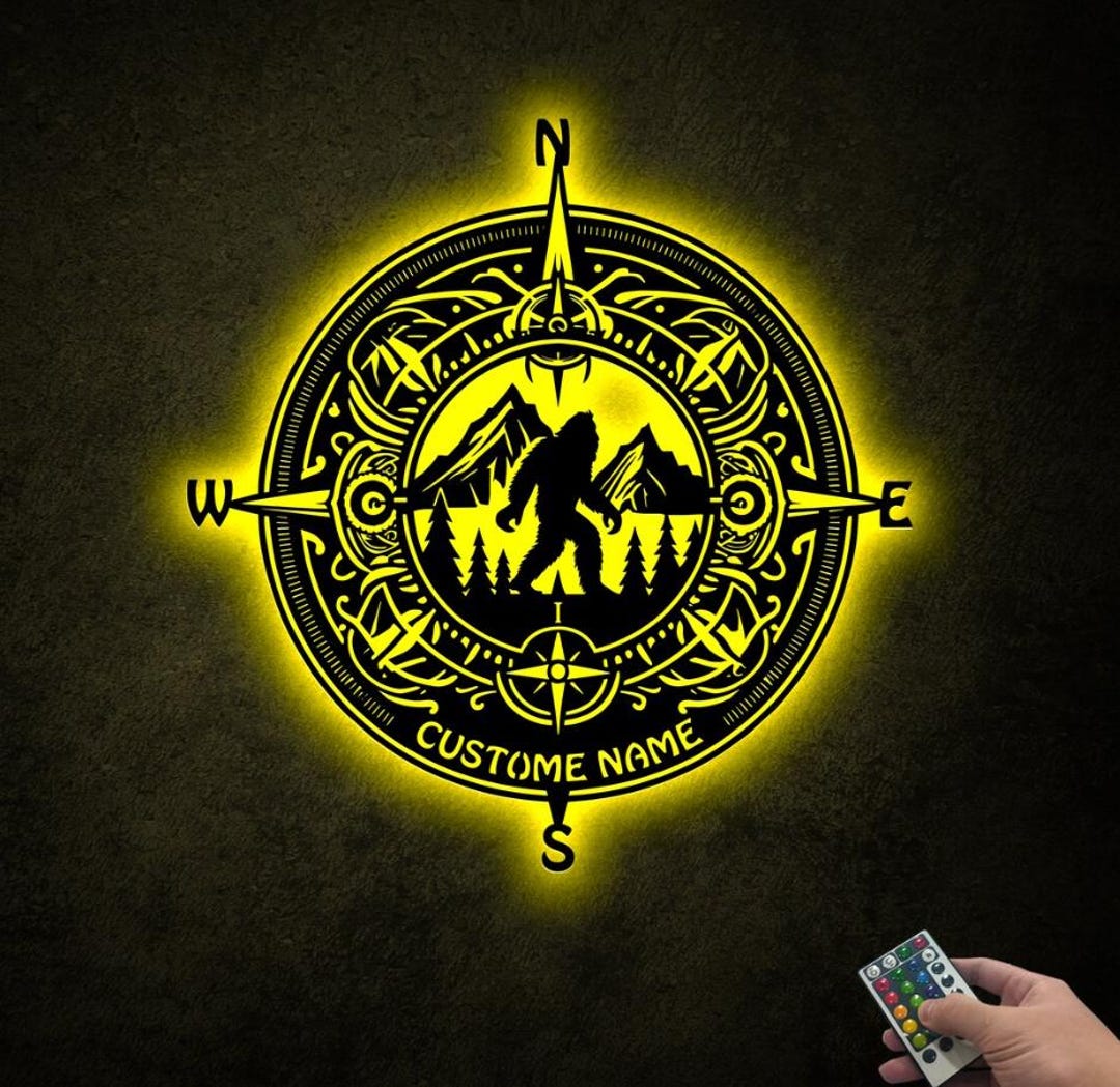 Personalized Bigfoot With Compass Metal Sign Wall Art With LED Lights ...