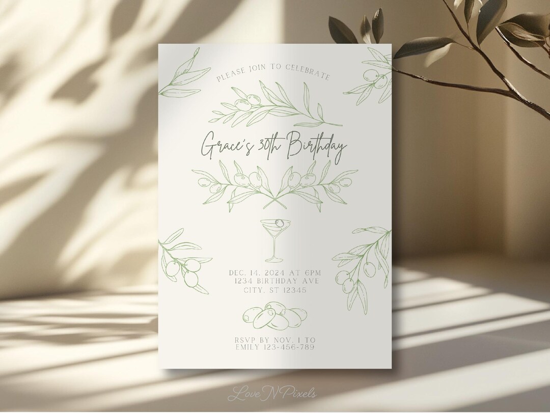 Canva Pro White Olive Birthday Invitation, Dirty Martini, Editable ...