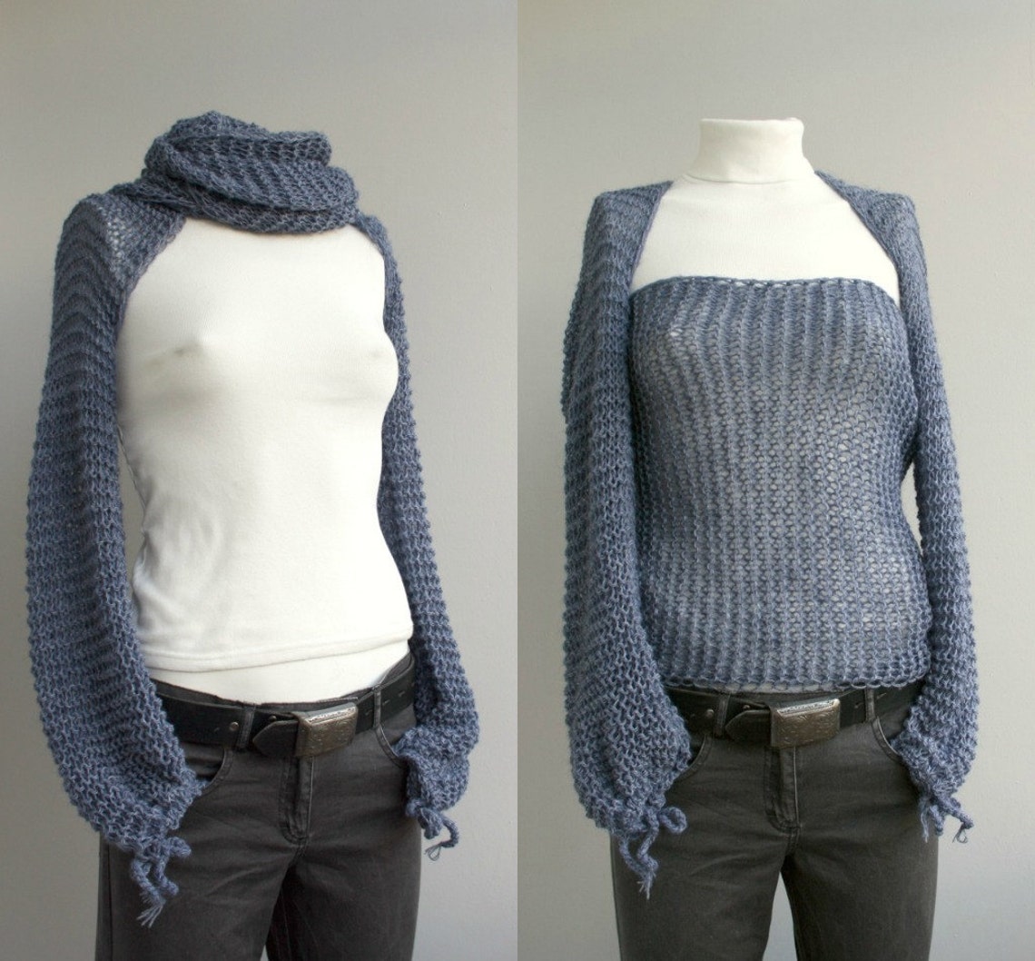 Hand Knit Long Sleeves Indigo Blue Wrap Bolero Knit Indigo | Etsy