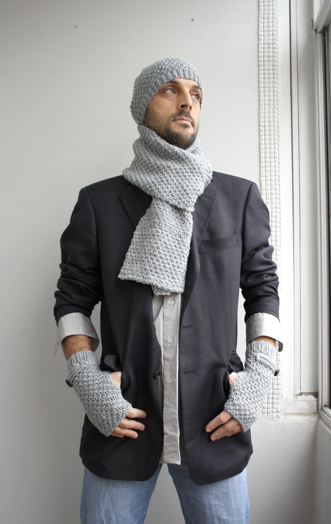 Gray Knitted Wool Scarf, Knit Scarf for Men, Men Knit Accessories, Gift ...