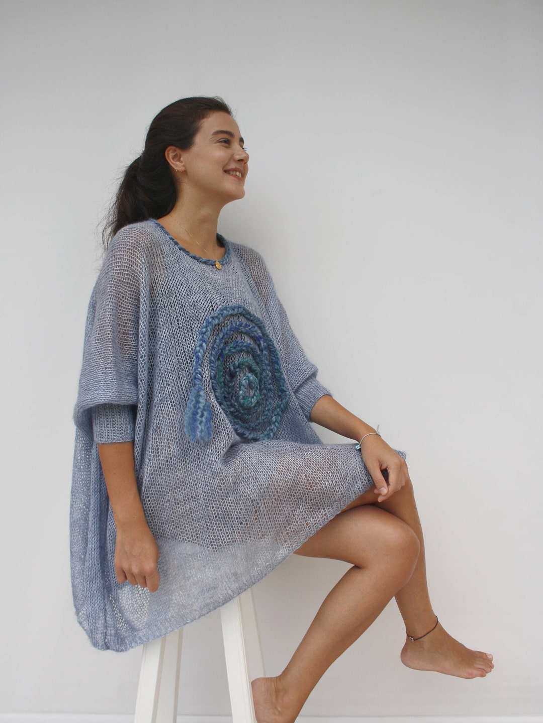 Hand Knitted Denim Blue Loose Knit Swater / Oversized Blue Poncho ...