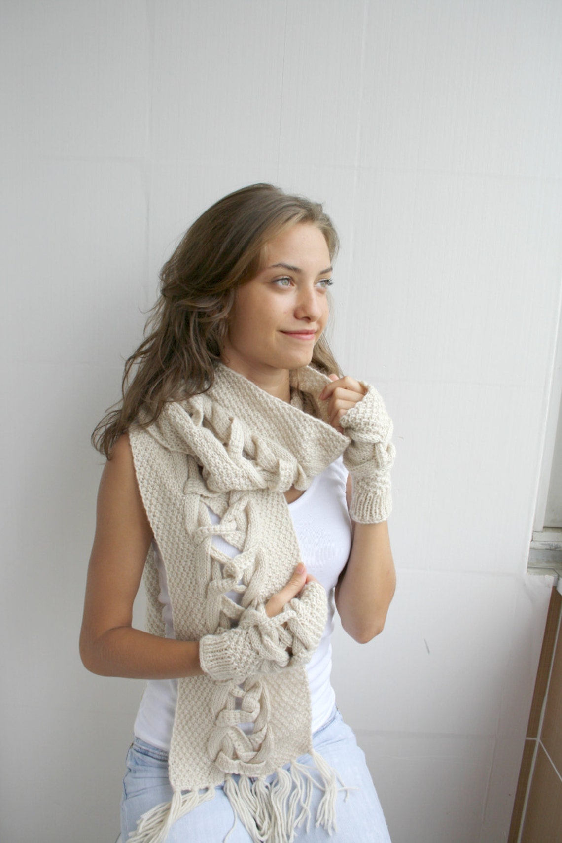 Beige Wool Scarf and Mittens Warm Set Special Design by Denizgunes ...