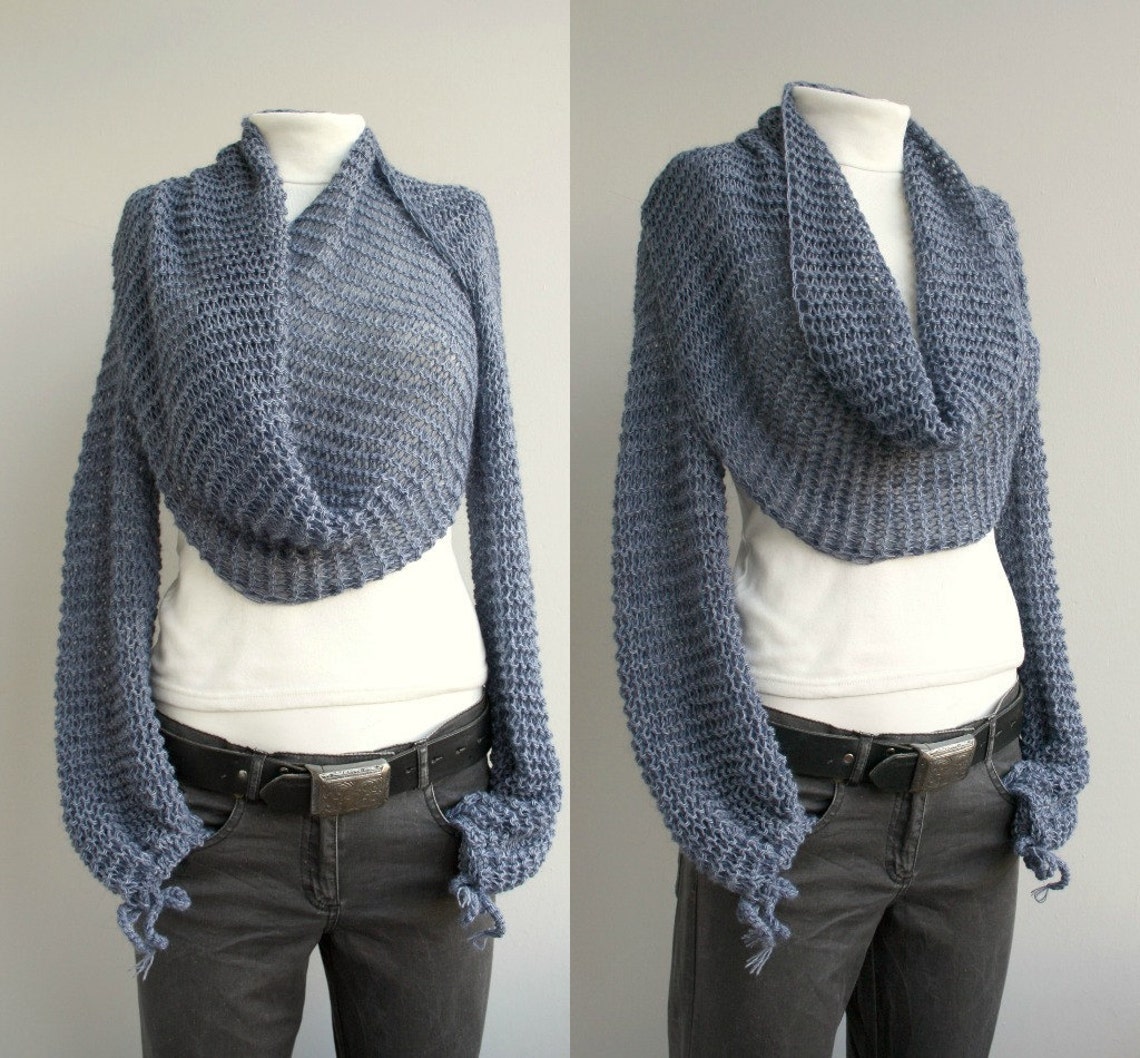 Hand Knit Long Sleeves Indigo Blue Wrap Bolero Knit Indigo | Etsy