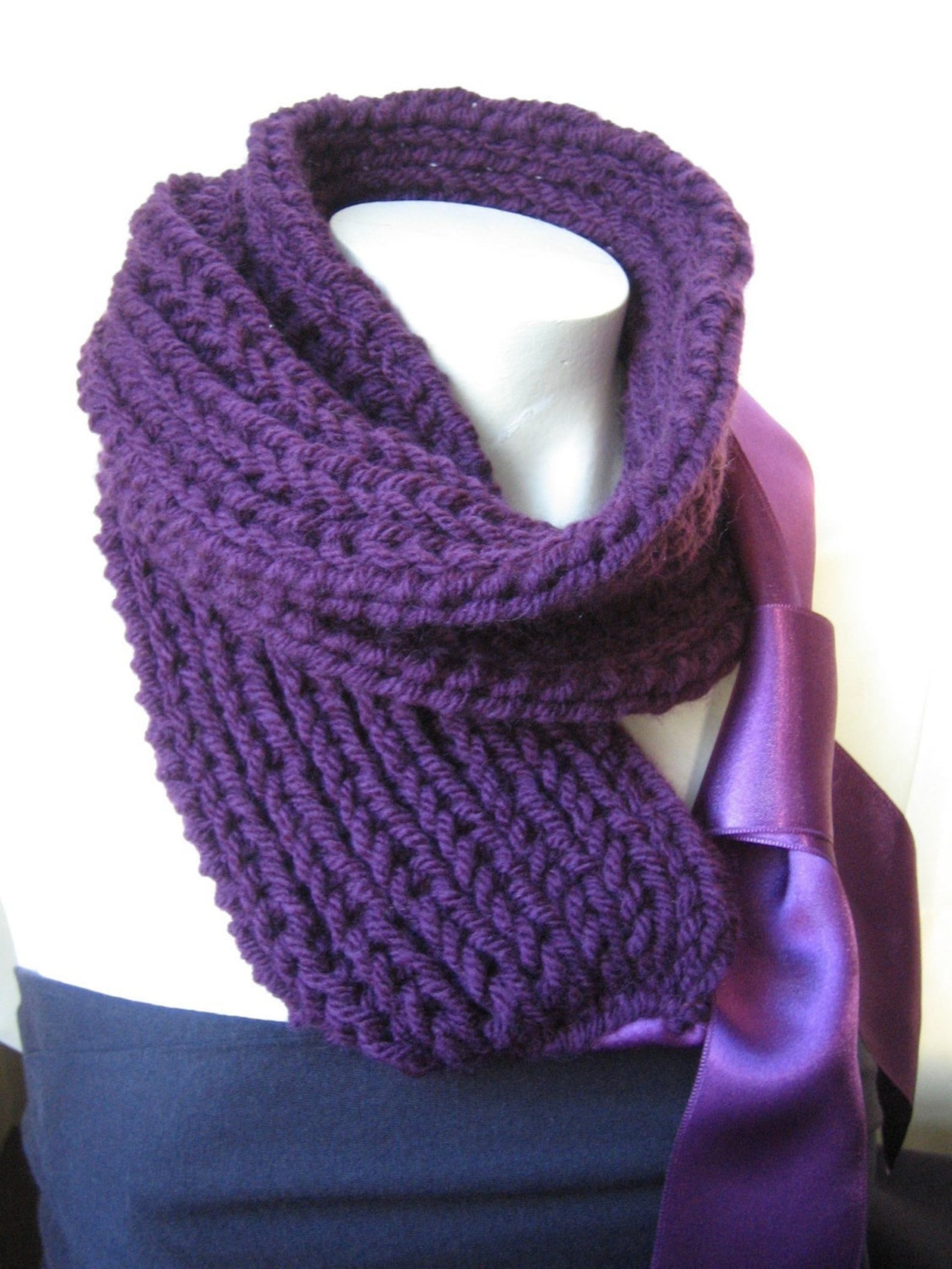 Purple Hand Knit Scarf, Knitted Coarse Scarf With Purple Satin Ribbon ...