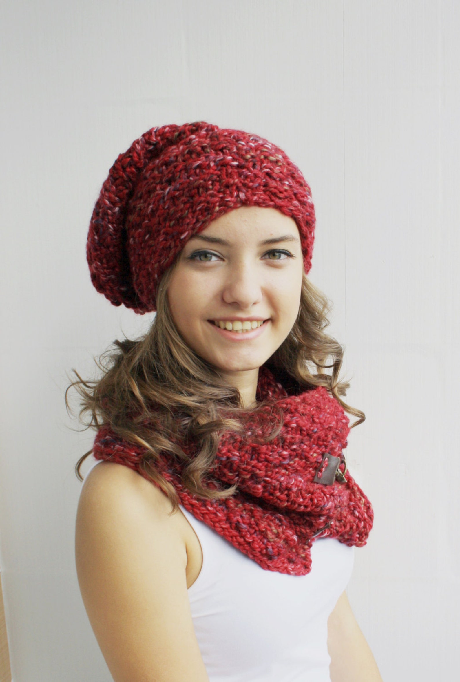 Red Scarf / Hat Warm Set Knitted Scarf and Hat Oversized, Chunky Knit ...