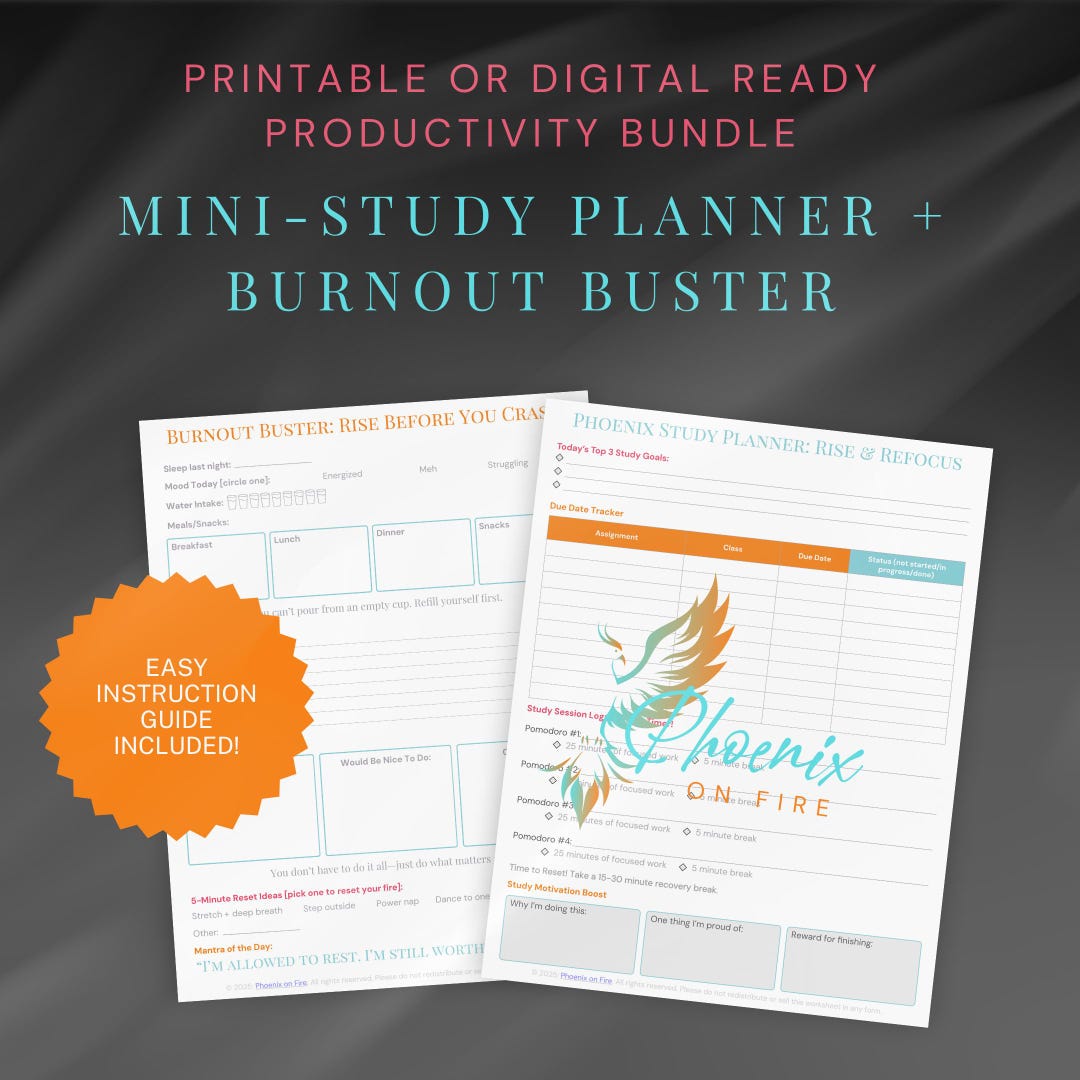 Printable & Digital Study Planner + Burnout Worksheet Bundle | Pomodoro ...