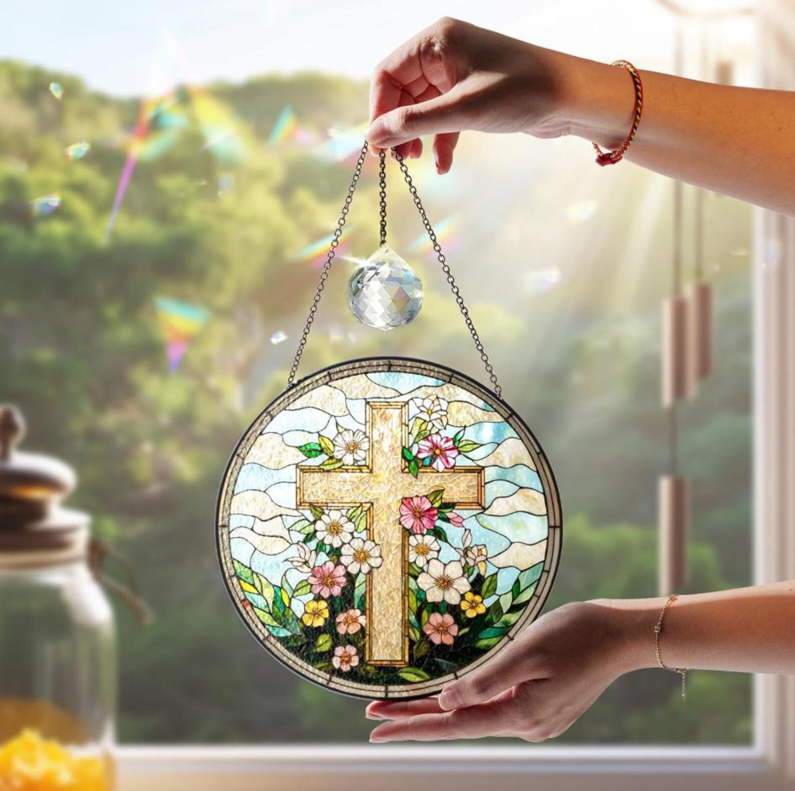Christian Cross Wildflower Stained Glass Suncatcher, Thank You Card ...
