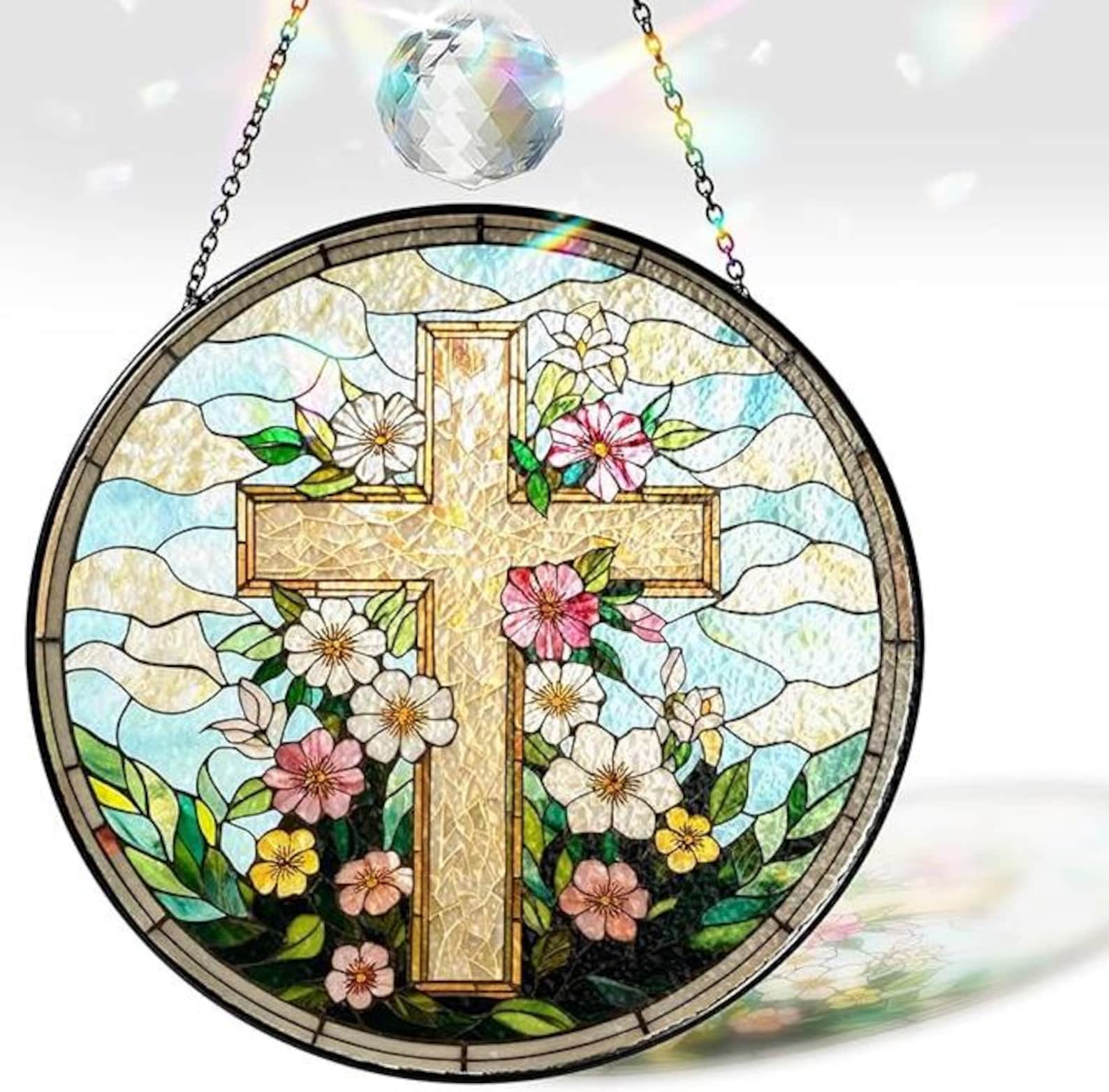 Christian Cross Wildflower Stained Glass Suncatcher, Thank You Card ...