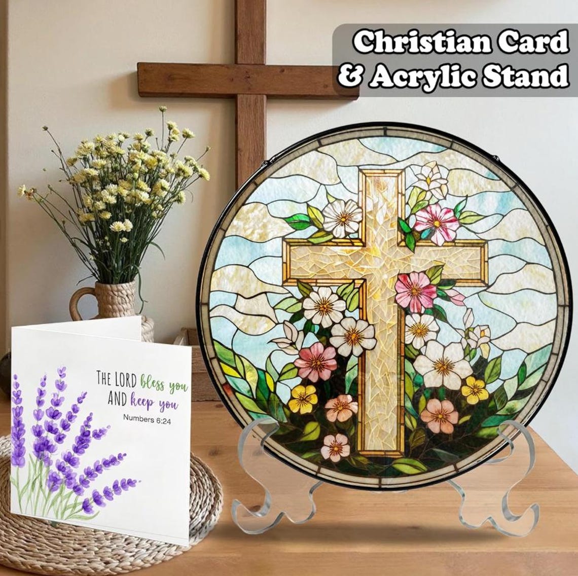 Christian Cross Wildflower Stained Glass Suncatcher, Thank You Card ...