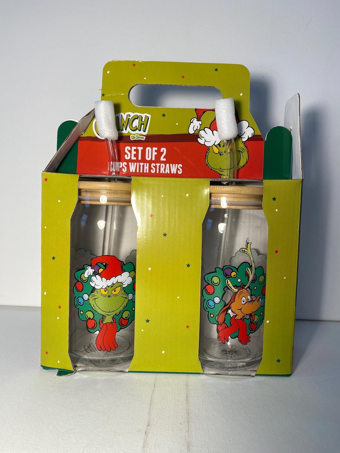 New Dr Seuss' the Grinch Set of 2 16oz Glass Cups W/bamboo Lid & Straw ...