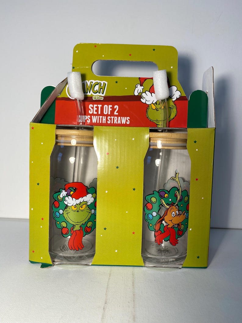New Dr Seuss' the Grinch Set of 2 16oz Glass Cups W/bamboo Lid & Straw ...