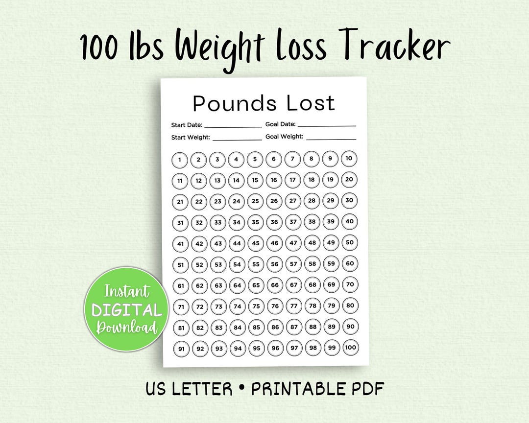 100 Lb Weight Loss Tracker, Pounds Lost Journey Planner Log, Printable ...