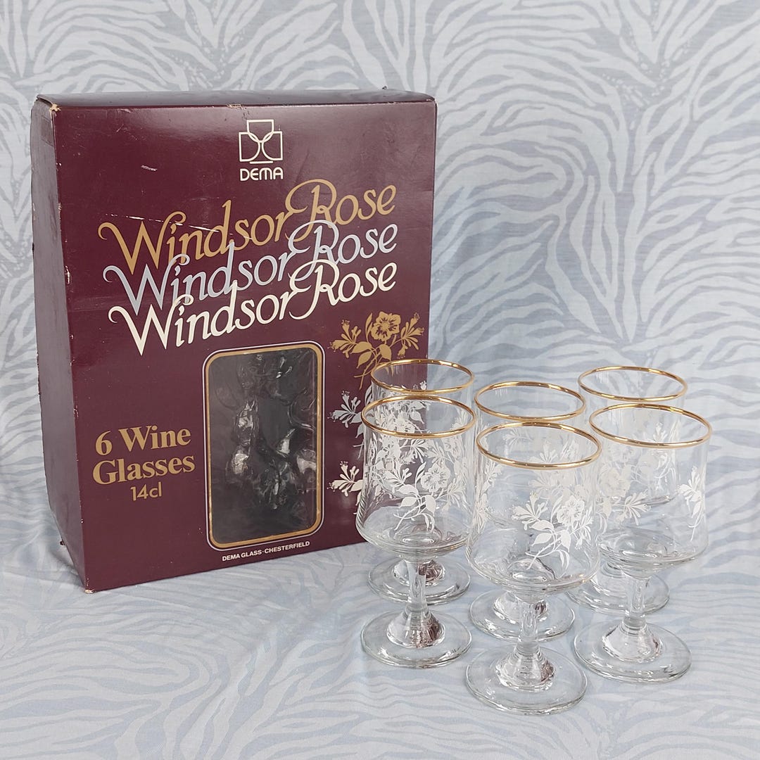 Vintage Dema Windsor Rose Wine Glasses Etched Floral, Gold Rim, Set of ...
