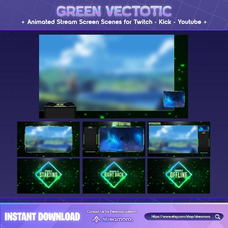 8x Green Vectotic Animated Stream Screens Scene Pack for Twitch,kick ...