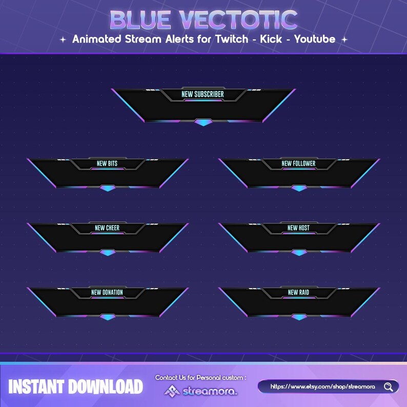 7x Blue Vectotic Animated Stream Alerts Overlay Pack for Twitch,kick ...