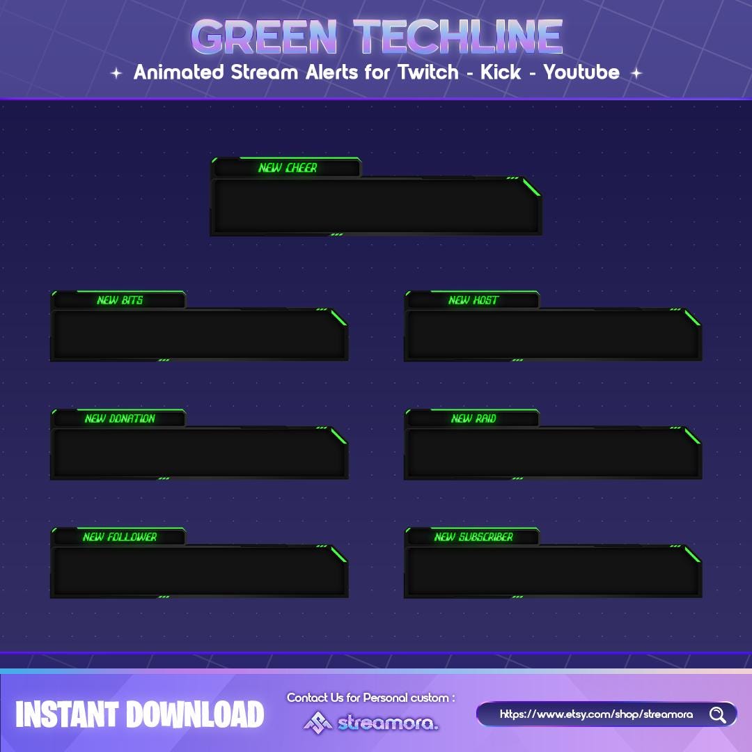 7x Green Techline Animated Stream Alerts Overlay Pack for Twitch,kick ...