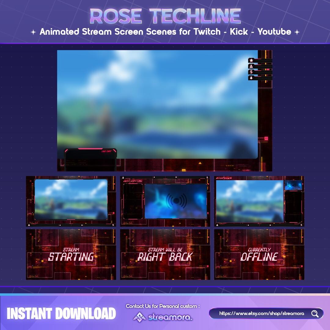 8x Rose Techline Animated Stream Screens Scene Pack for Twitch,kick,youtube | Starting/brb ...