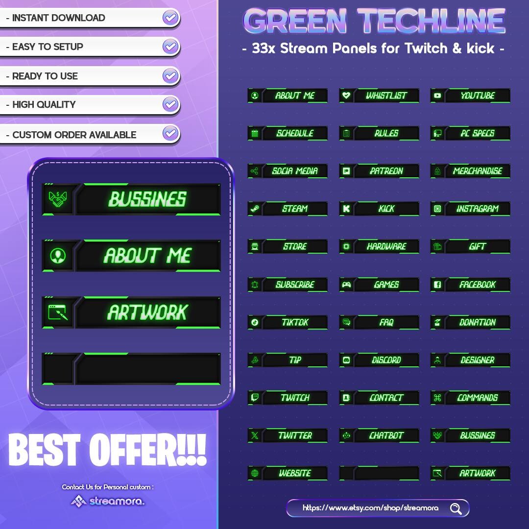 Green Techline Database Stream Panels for Twitch, Youtube & Kick Static ...