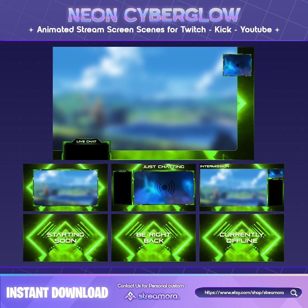 8x Neon Cyberglow Animated Stream Screens Scene Pack for Twitch,kick ...
