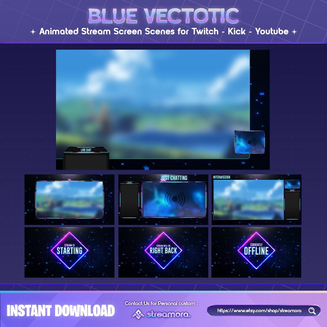 8x Blue Vectotic Animated Stream Screens Scene Pack for Twitch,kick ...