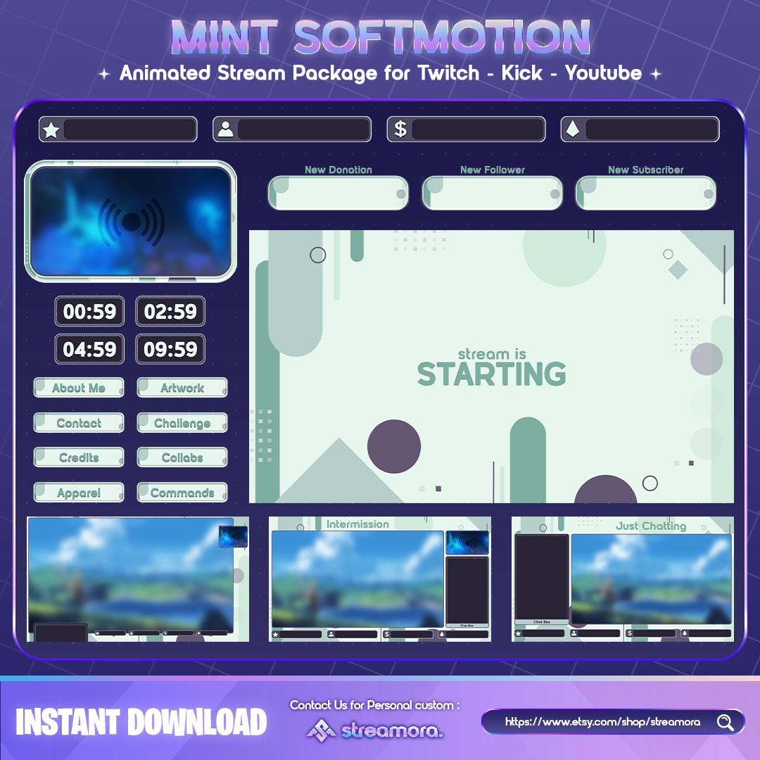 Mint Softmotion Animated Stream Package - Overlay, Alerts, Webcam ...