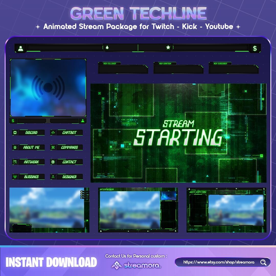 Green Techline Animated Stream Package - Overlay, Alerts, Webcam, Timer ...