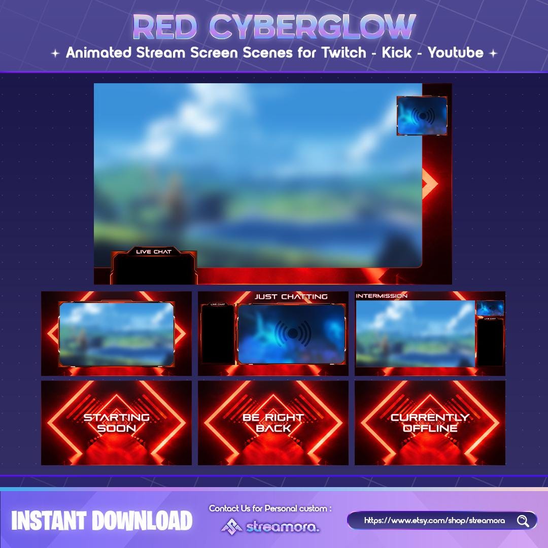 8x Red Cyberglow Animated Stream Screens Scene Pack for Twitch,kick ...