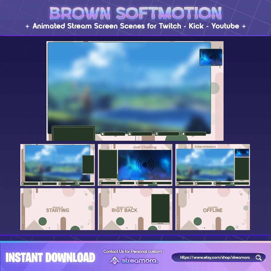 8x Brown Softmotion Animated Stream Screens Scene Pack for Twitch,kick ...