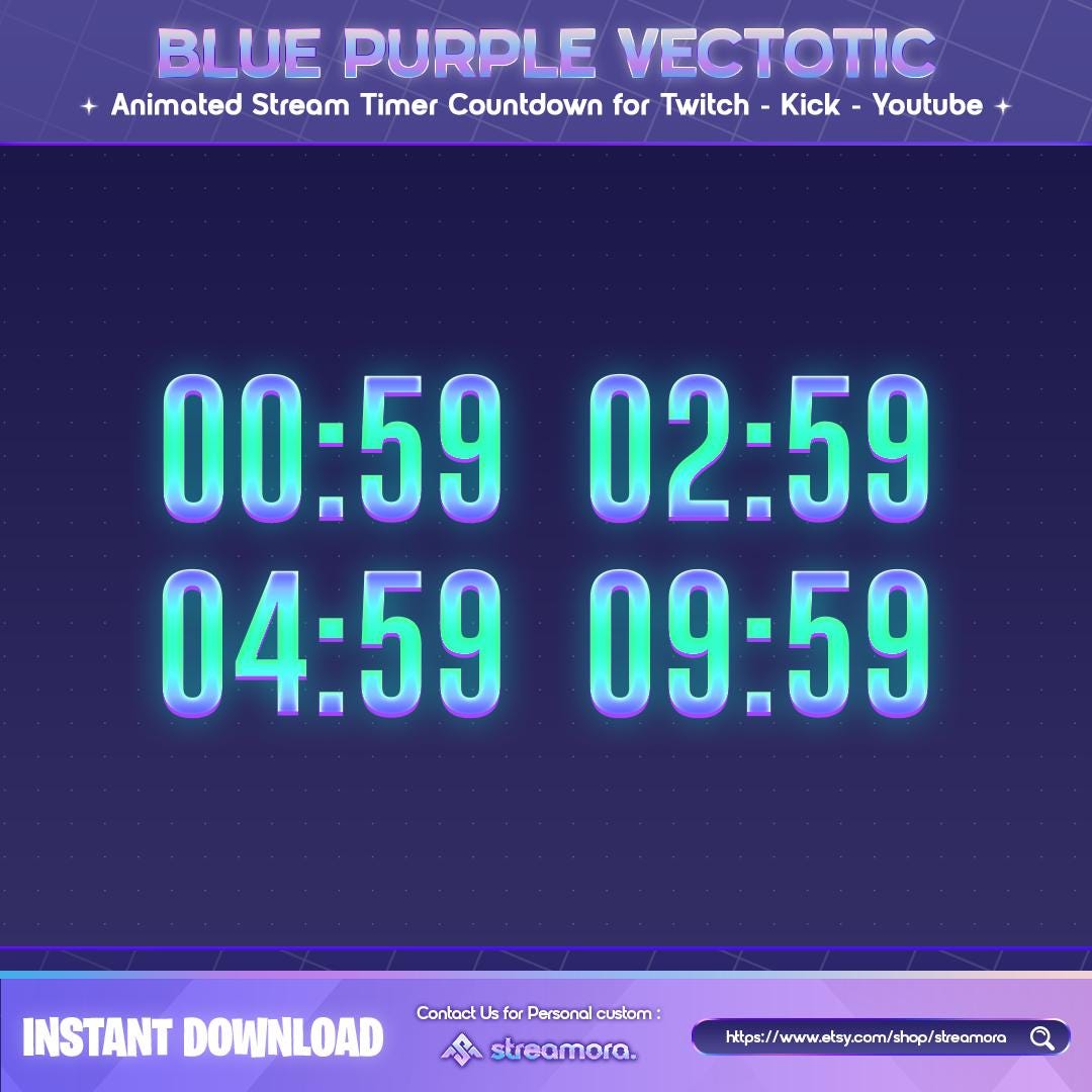 Blue Purple Vectotic – Animated Stream Timers for Twitch, Youtube, Kick, & Tiktok | 1m, 3m, 5m ...