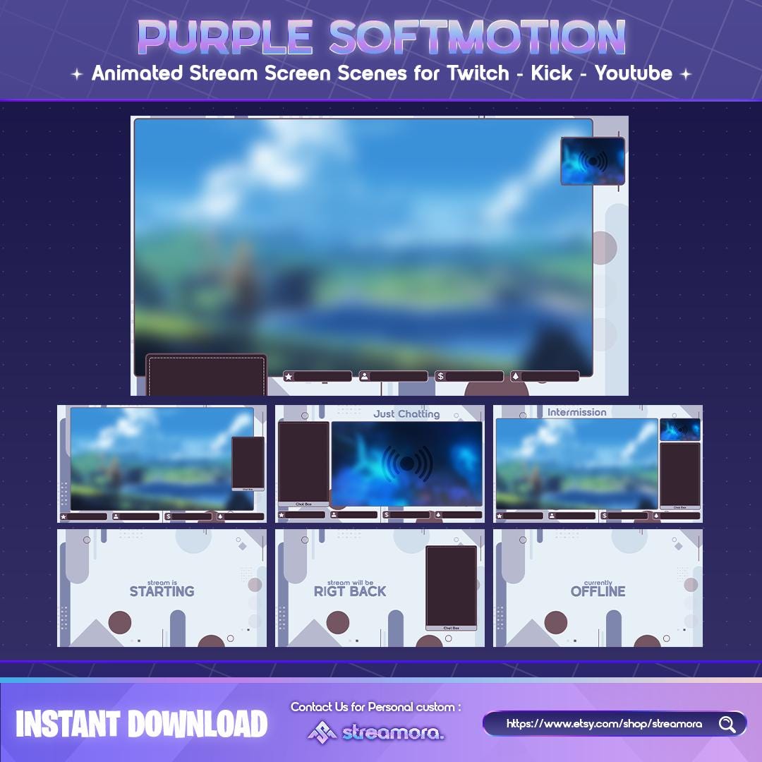 8x Purple Softmotion Animated Stream Screens Scene Pack for Twitch,kick ...