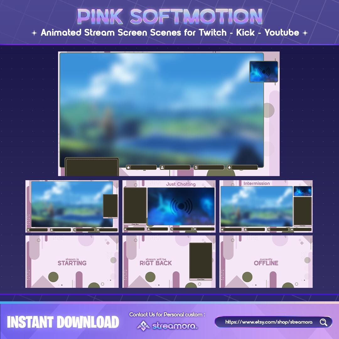 8x Pink Softmotion Animated Stream Screens Scene Pack for Twitch,kick,youtube | Starting/brb ...