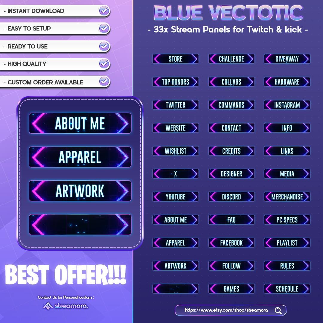 33x Blue Vectotic – Stream Panels for Twitch, Youtube & Kick | Static ...