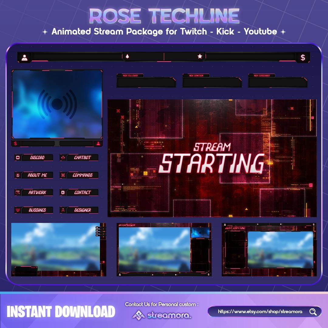 Rose Techline Animated Stream Package - Overlay, Alerts, Webcam, Timer for Twitch, Youtube ...