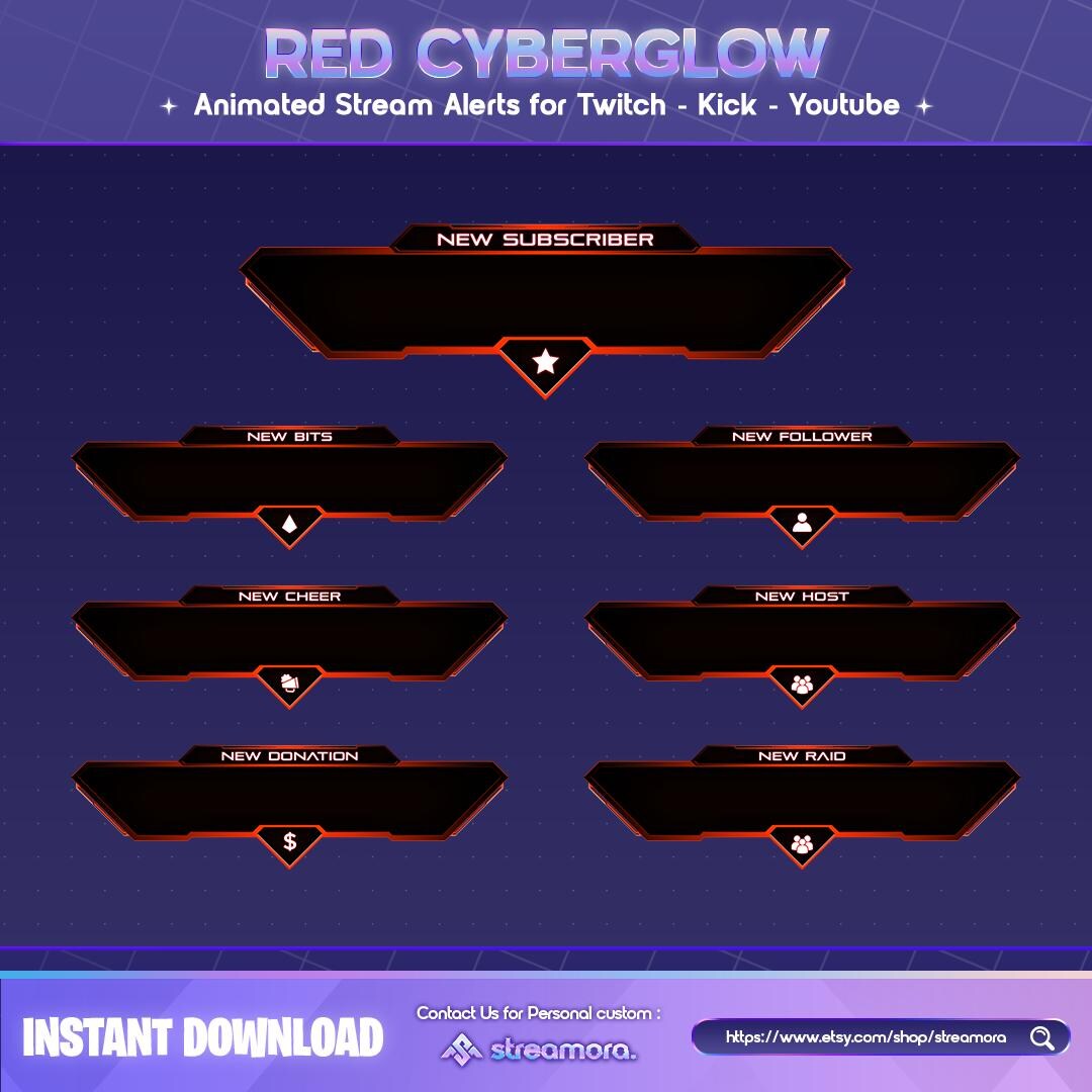 7x Red Cyberglow Animated Stream Alerts Overlay Pack for Twitch,kick ...