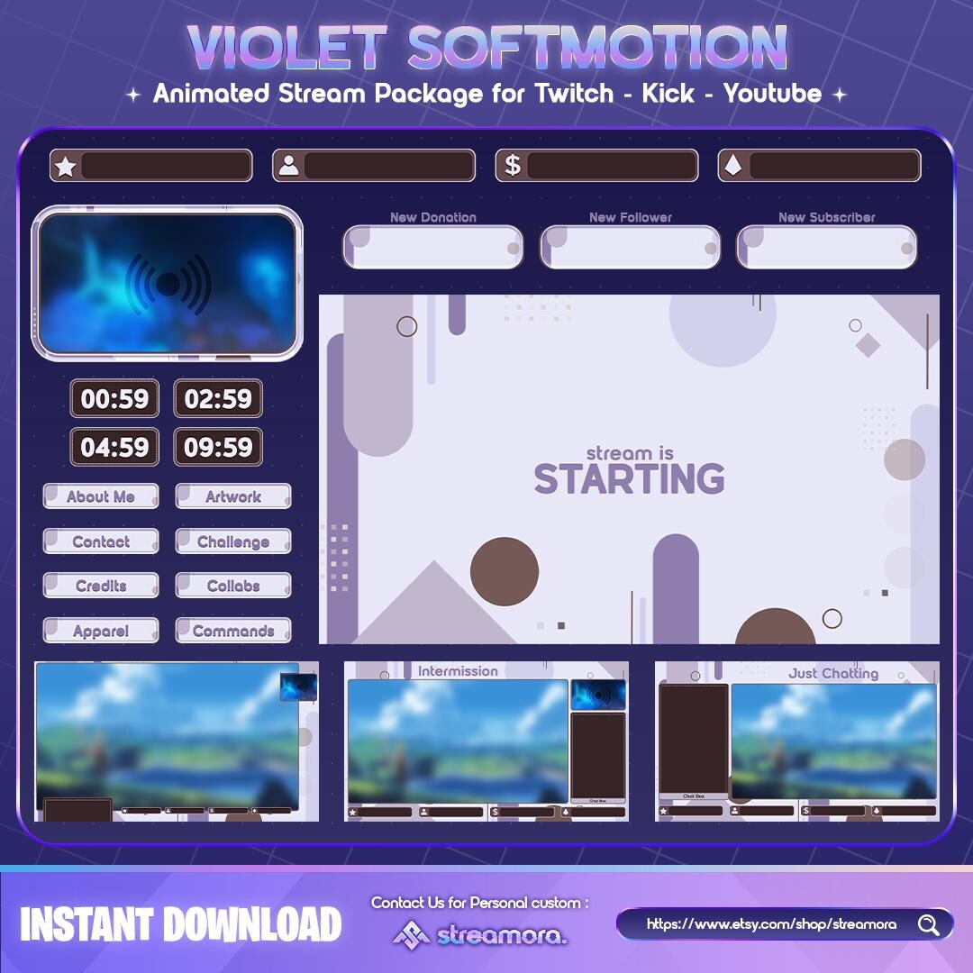 Violet Softmotion Animated Stream Package - Overlay, Alerts, Webcam, Timer for Twitch, Youtube ...