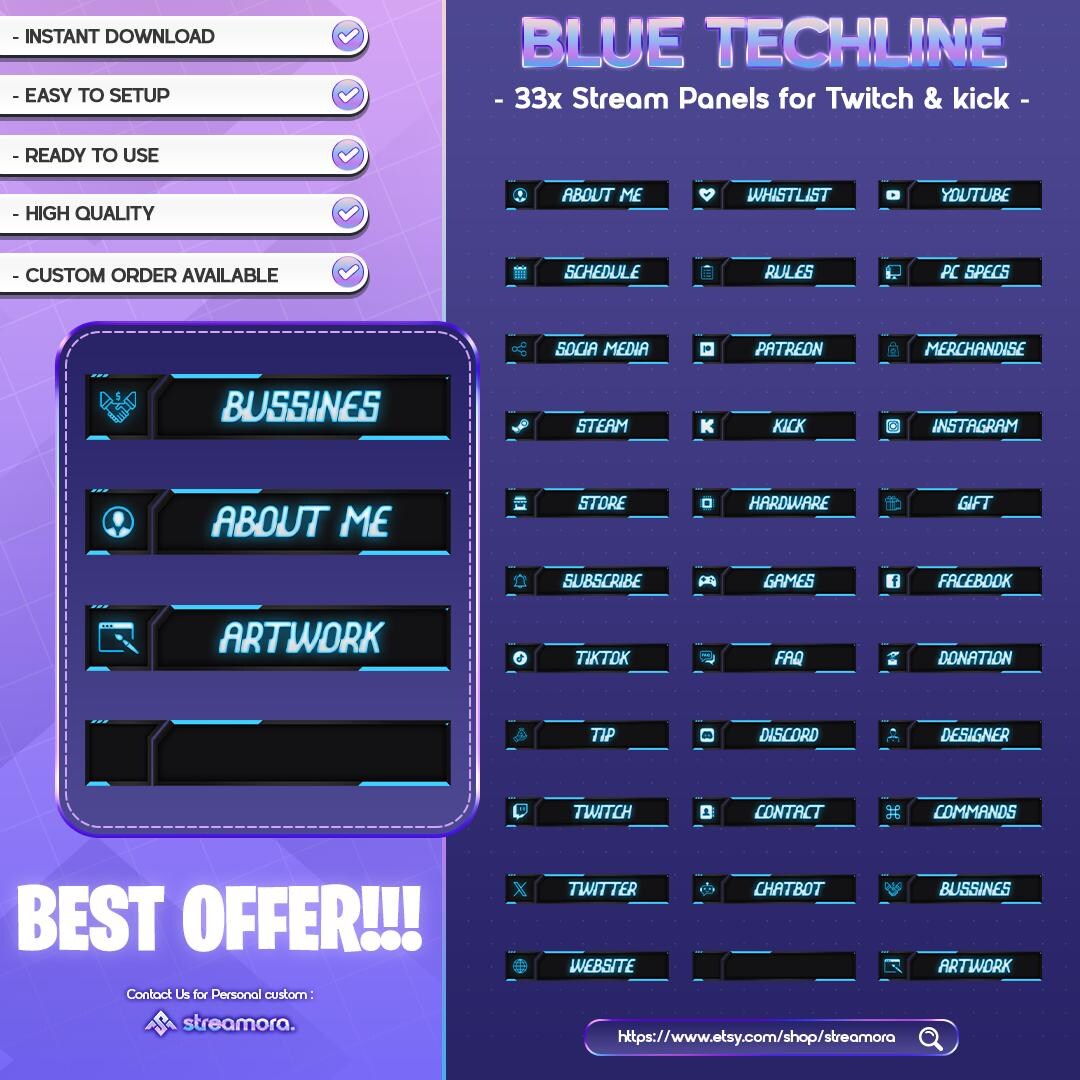 33x Blue Techline – Stream Panels for Twitch, Youtube & Kick | Static ...