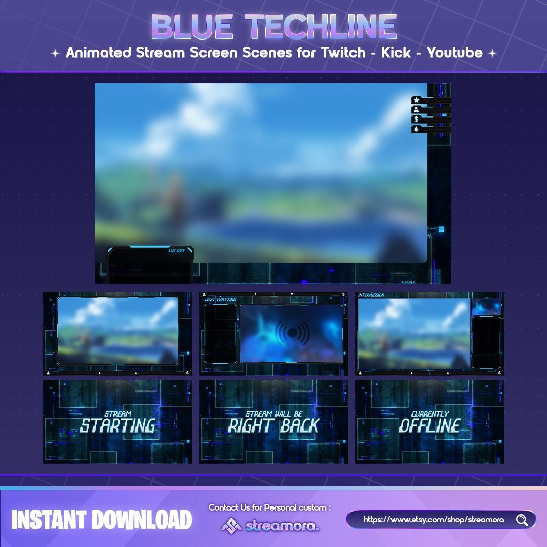 8x Blue Techline Animated Stream Screens Scene Pack for Twitch,kick ...