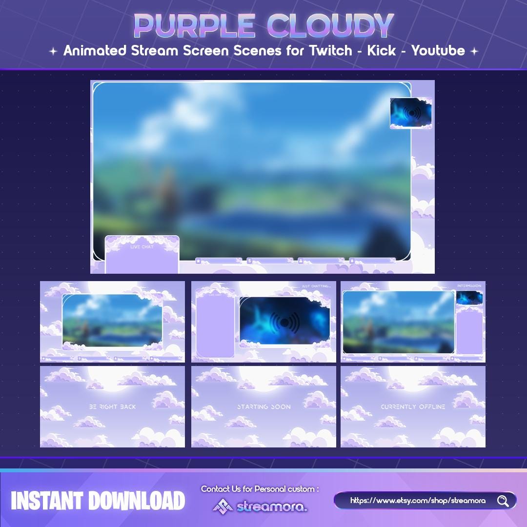 8x Purple Cloudy Animated Stream Screens Scene Pack for Twitch,kick,youtube | Starting/brb ...