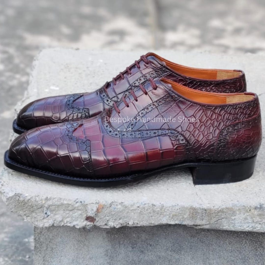 Handmade Men's Genuine Burgundy Croc Print Leather Oxford Lace up ...